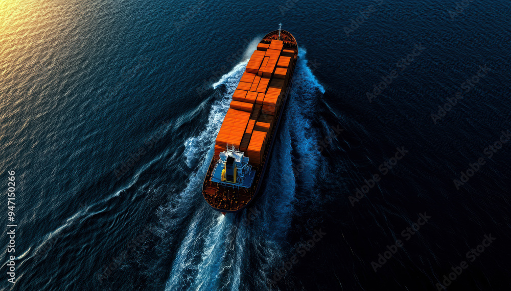 An aerial perspective captures a large container ship navigating ...