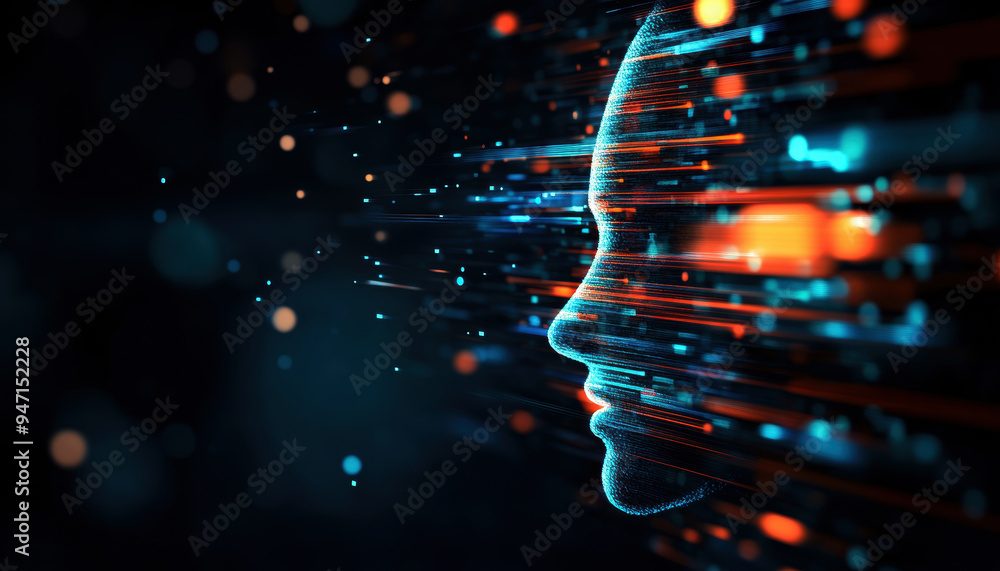 A stunning visualization of a human face composed of dynamic neon lines ...