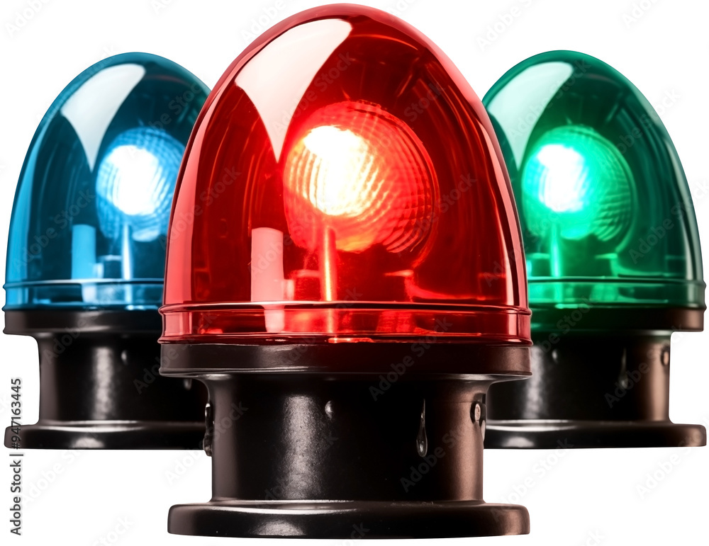 front View to a Set Of Red ,Blue And Green siren lights PNG isolated on ...
