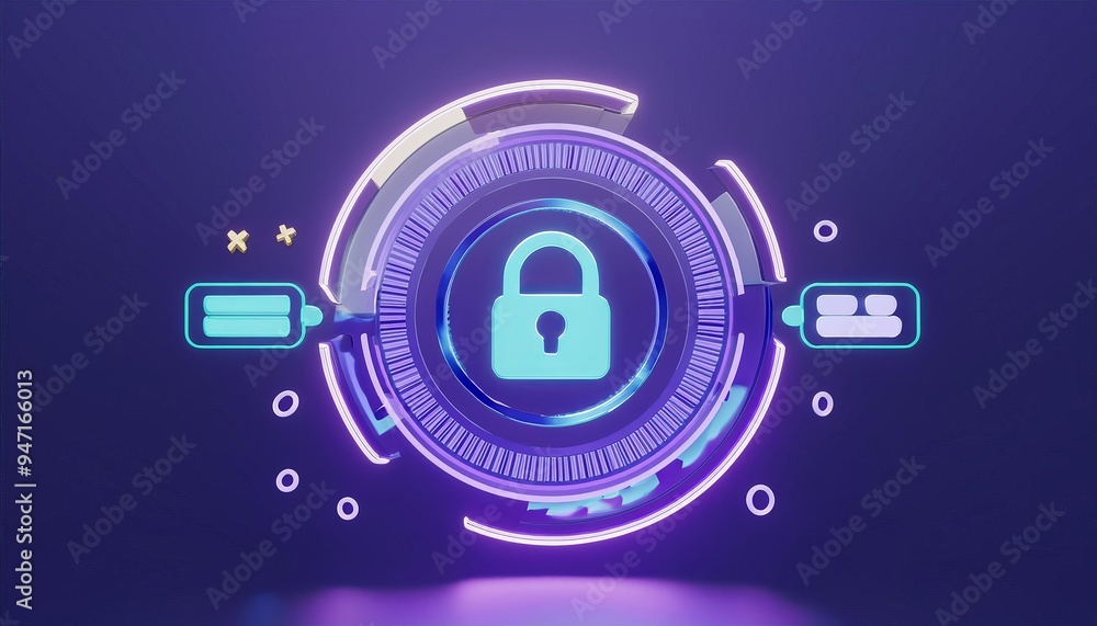 High-tech digital lock icon on futuristic screen symbolizing cyber security and data protection ...