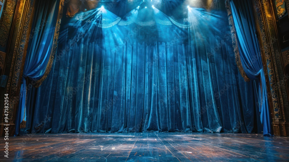 Spotlight on Showtime: Empty Theater Stage with Blue Velvet Curtains ...