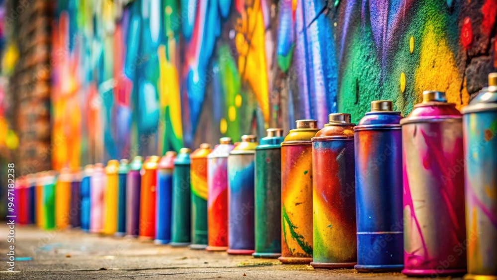 Colorful graffiti spray paint cans on a messy urban wall , urban ...