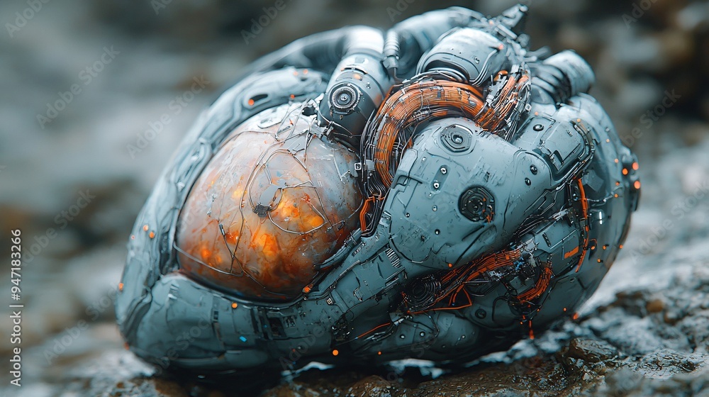 A digital rendering of a human heart with robotic elements, combining ...