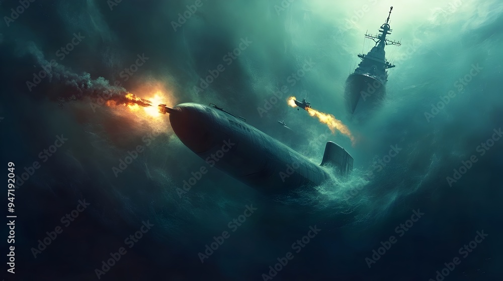 Submarine Engaging Destroyer in Underwater Combat with Countermeasures ...