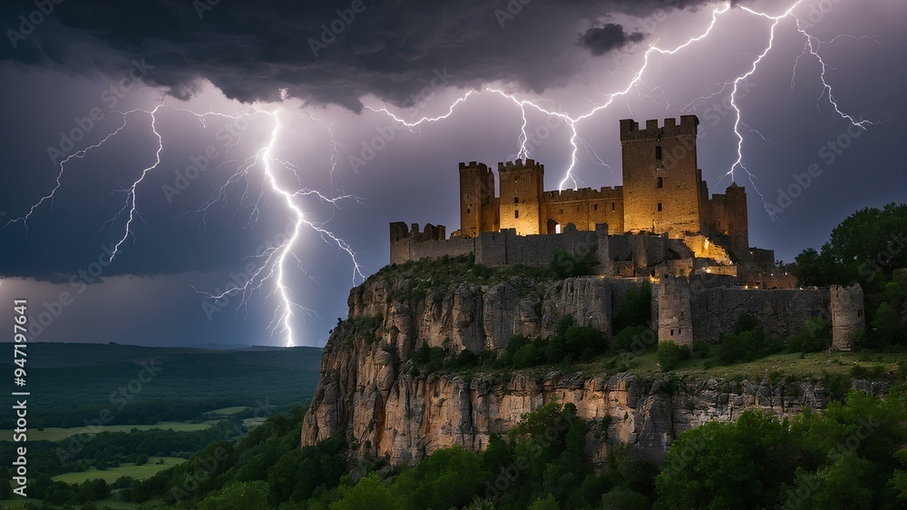 Lightning over castles on cliffs. Awe-inspiring power, lightning ...
