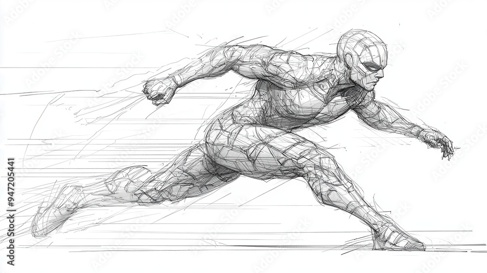 Heroic figure in dynamic pose, intricate pencil lines and shading ...