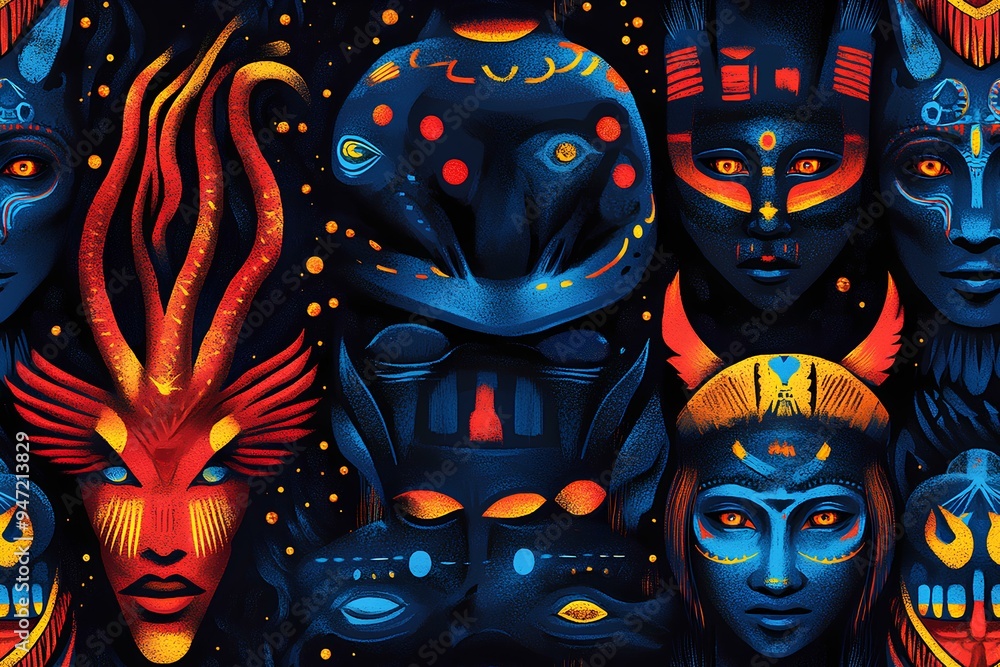 Vibrant Mystical Faces: A Psychedelic Fusion of Tribal Masks and Cosmic ...