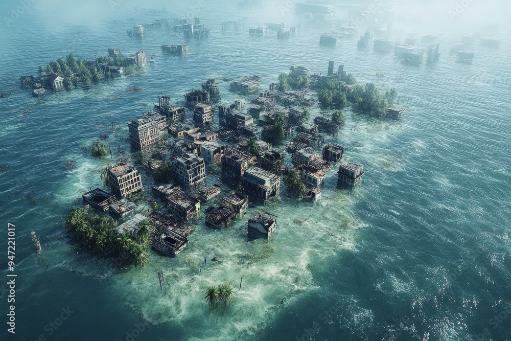 Show a coastal city with parts of the land submerged due to rising sea ...