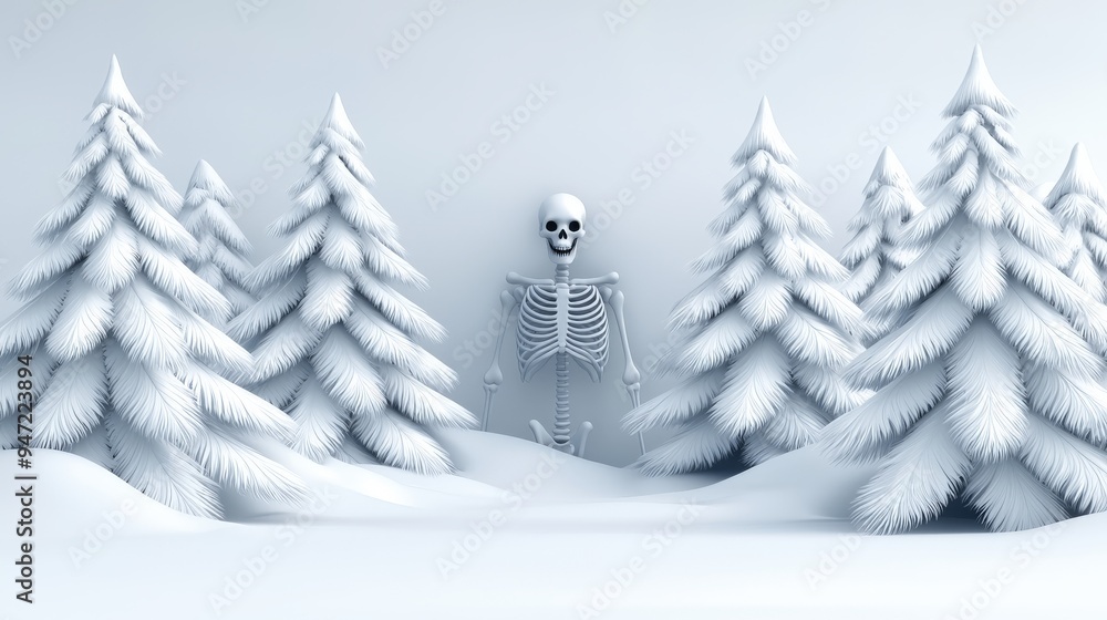 Snow covered pine trees in a winter wonderland setting with a skeleton ...