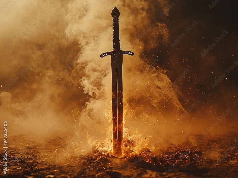 A medieval sword stands upright in a fiery inferno, smoke billowing ...