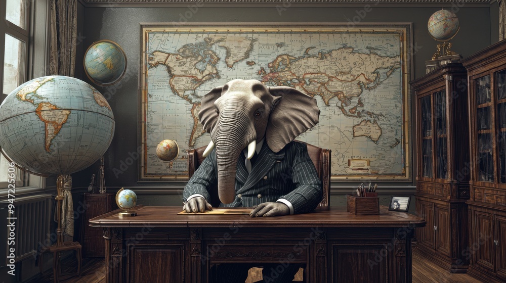 The Elephant in the Room: A majestic elephant in a suit sits at a desk ...