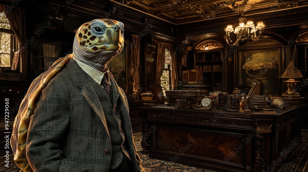 The Reptilian Entrepreneur: A stoic turtle in a dapper suit stands in a ...