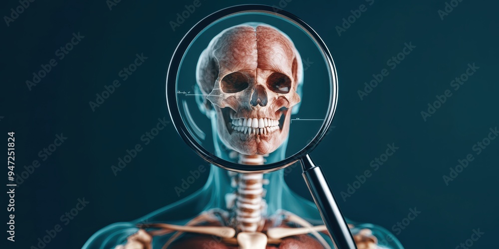 Illustration of an X-ray machine as a magnifying glass over a human ...