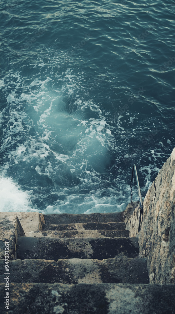 Stone steps leading down to the sea where waves crash against the shore ...