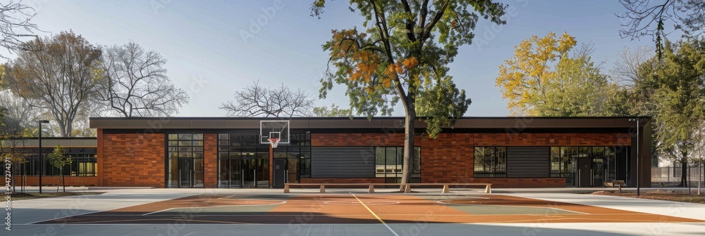School building exterior with an adjoining basketball court and yard ...