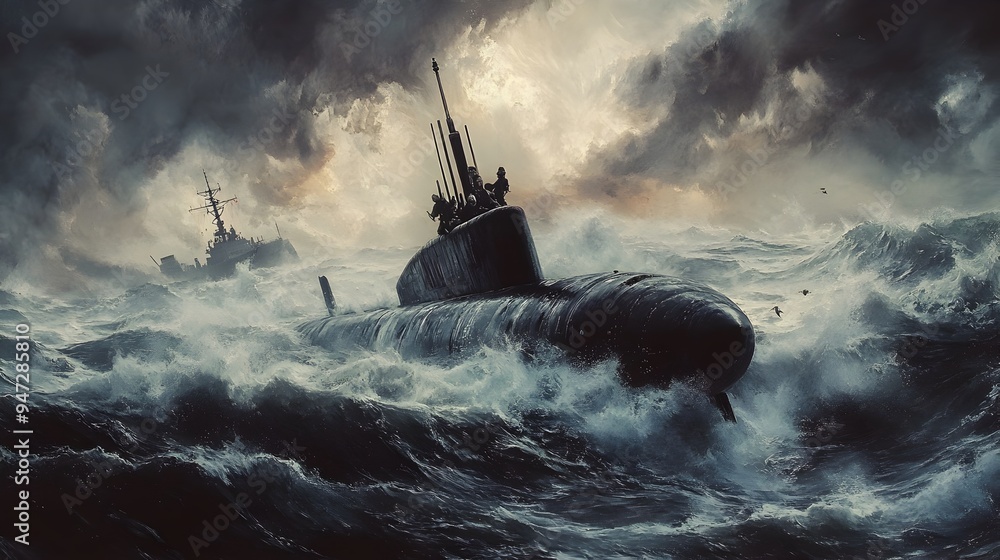 Submarine Narrowly Avoiding Depth Charges in Tumultuous Oceanic Battle ...