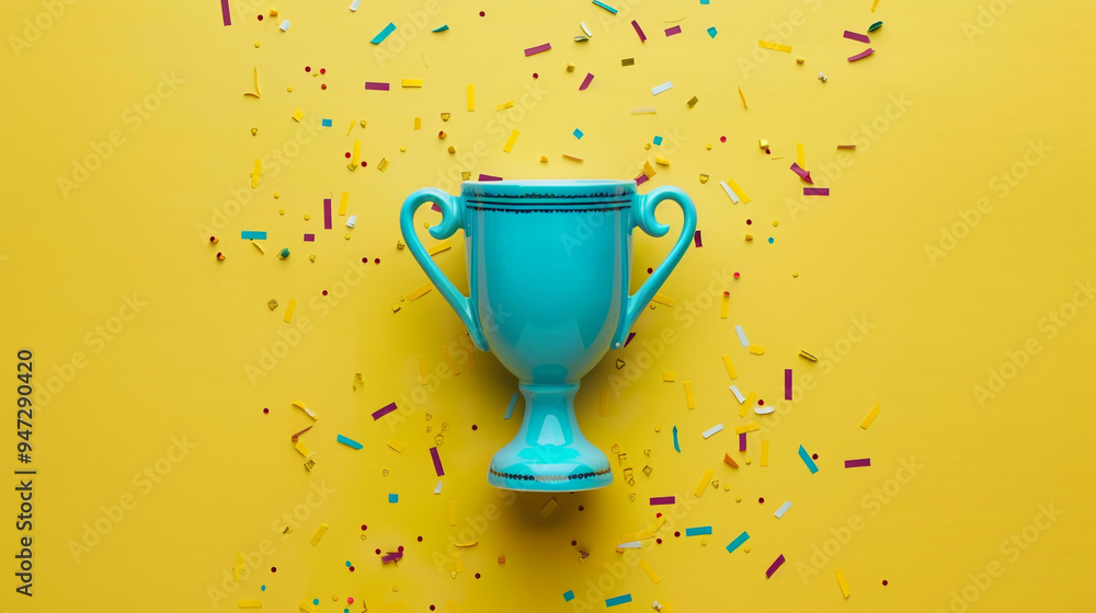Bright Blue Trophy on Yellow Background with Confetti. A vibrant blue ...