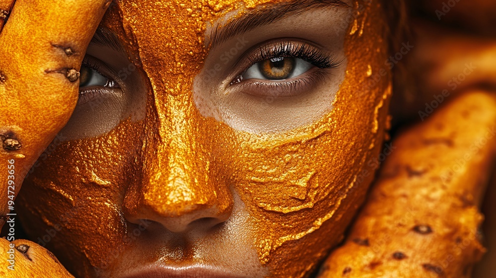face mask photo shoot with turmeric roots, realistic hyper-detailed ...