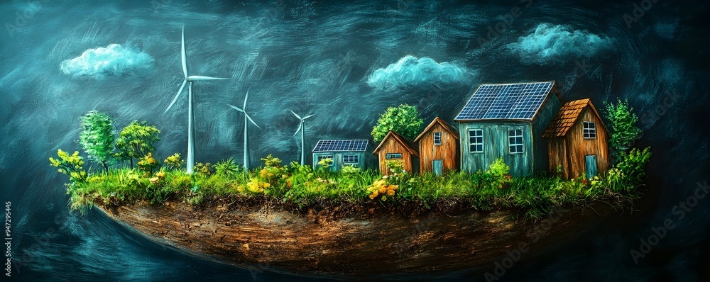 Illustrated Sustainable Eco Village - Digital Artwork of Solar-Powered ...