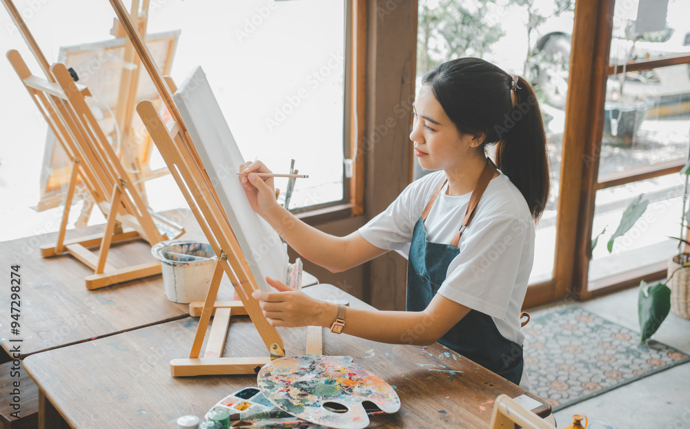 Art student drawing with watercolor painting on canvas doing some art ...