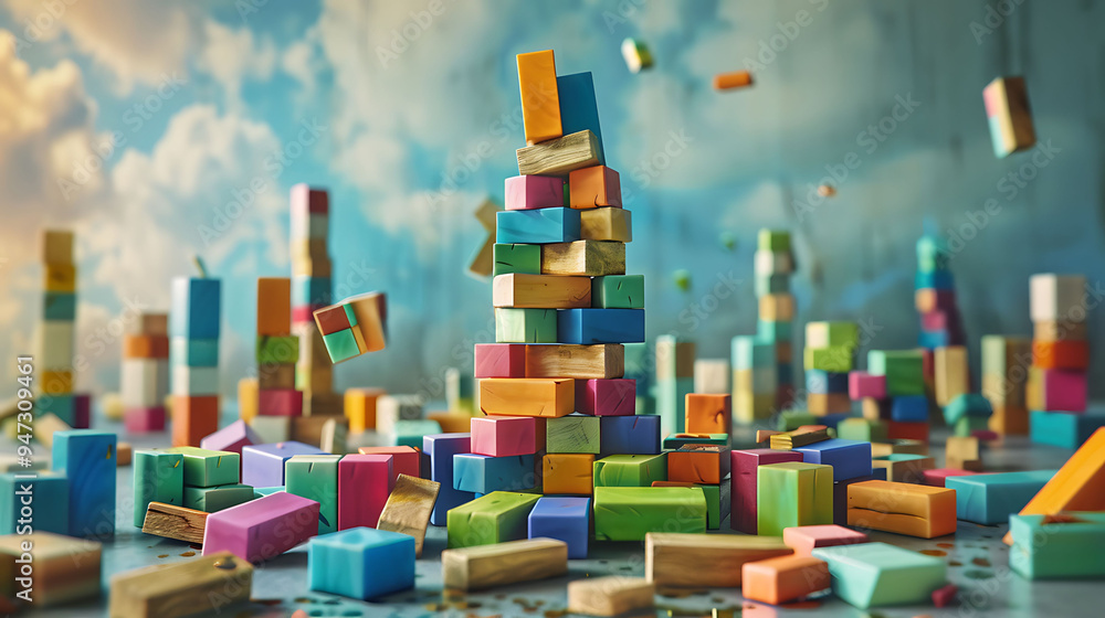 Artistic composition of a complete tower formed from multicolored ...