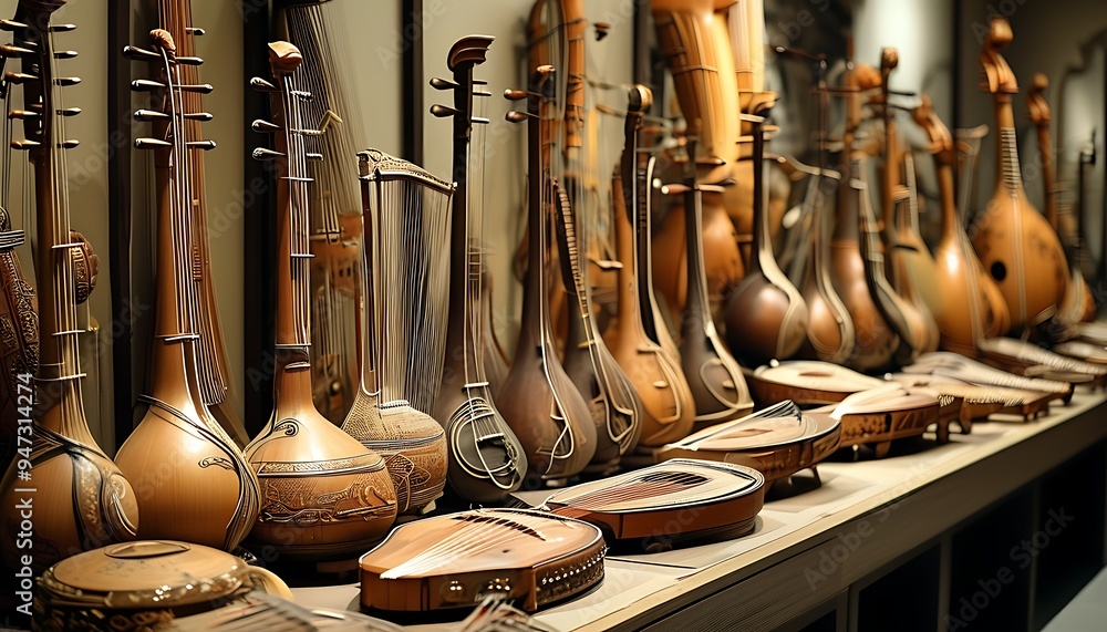 ภาพประกอบสต็อก One shows exquisite ancient musical instruments and ...