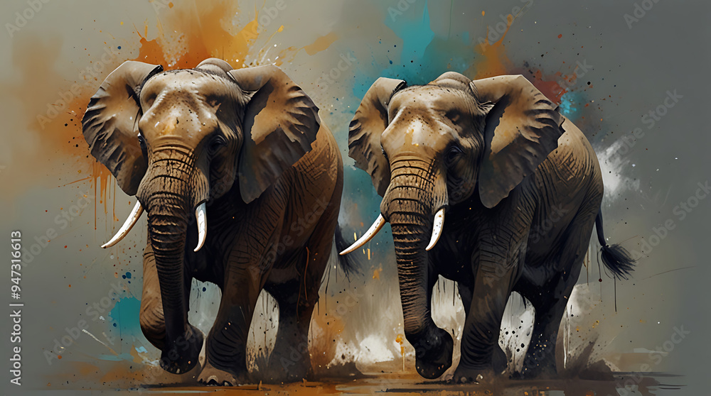 Abstract paint image of Elephants running, with paint spots and strokes ...