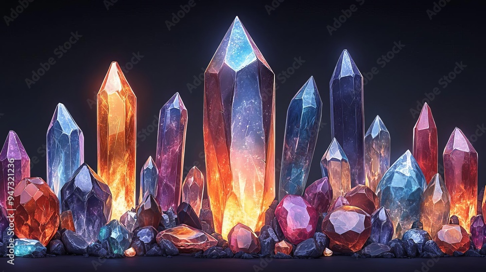Artistic layout of gemstones, scattered across the bottom half, open ...