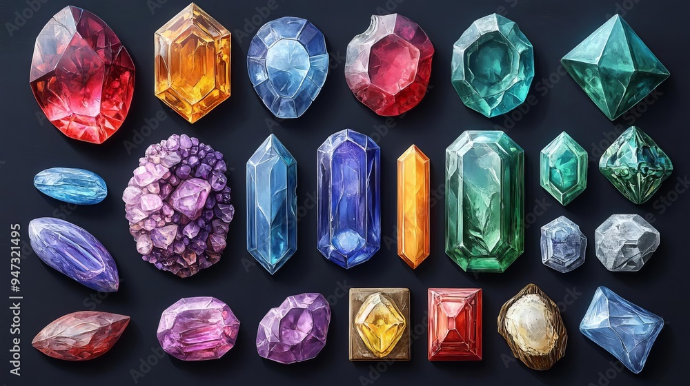 Artistic illustration of diverse gemstones, each uniquely shaped and ...