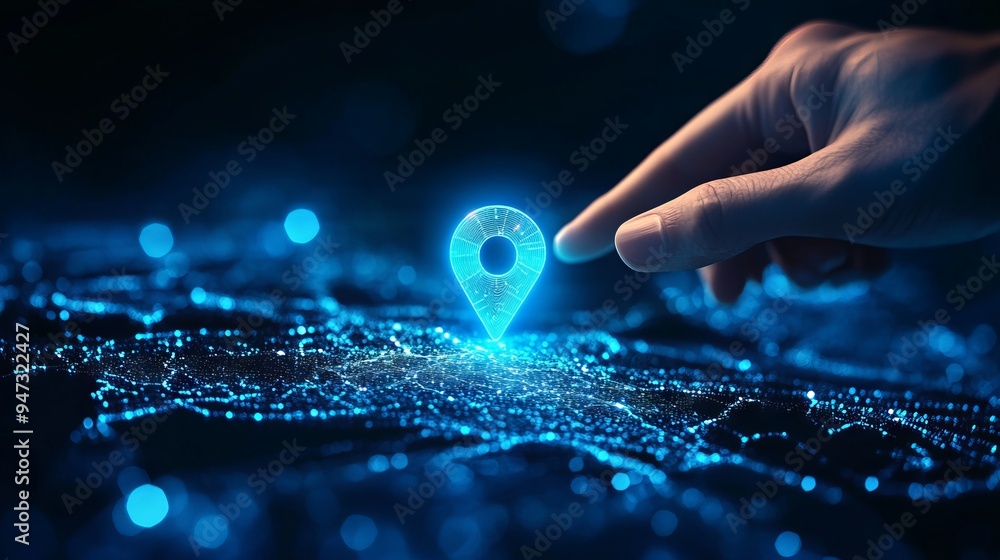 Light blue GPS pin and human hand. Digital finger touching on abstract ...