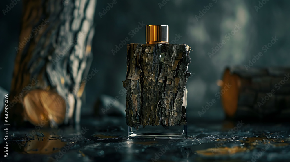 Close-up shot of a luxurious perfume bottle, uniquely designed with ...