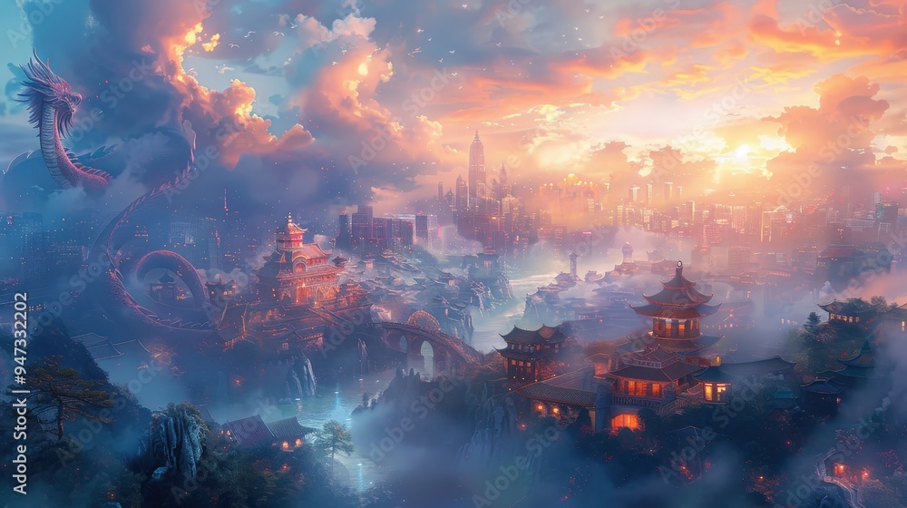 Enchanted Chinese mythical city with intricate buildings and serpentine ...