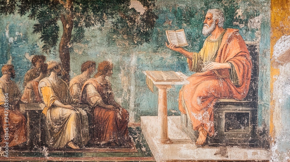 A fresco painting depicting an ancient scene of a philosopher or ...