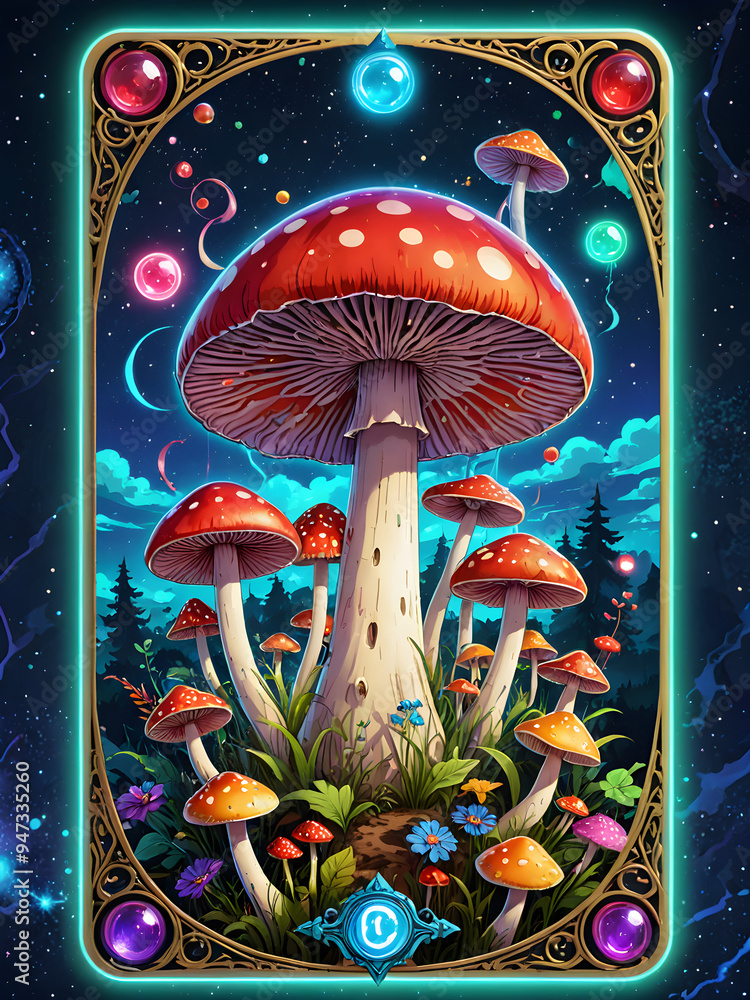 tarot card, a surreal card illustration of a mushroom figure with ...