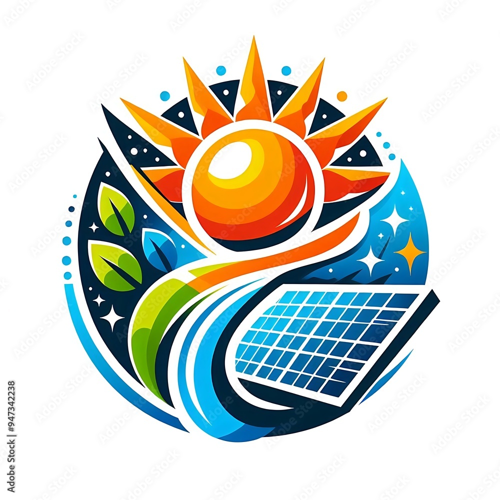 Solar energy logo design with a sun, solar panel, water and plant ...