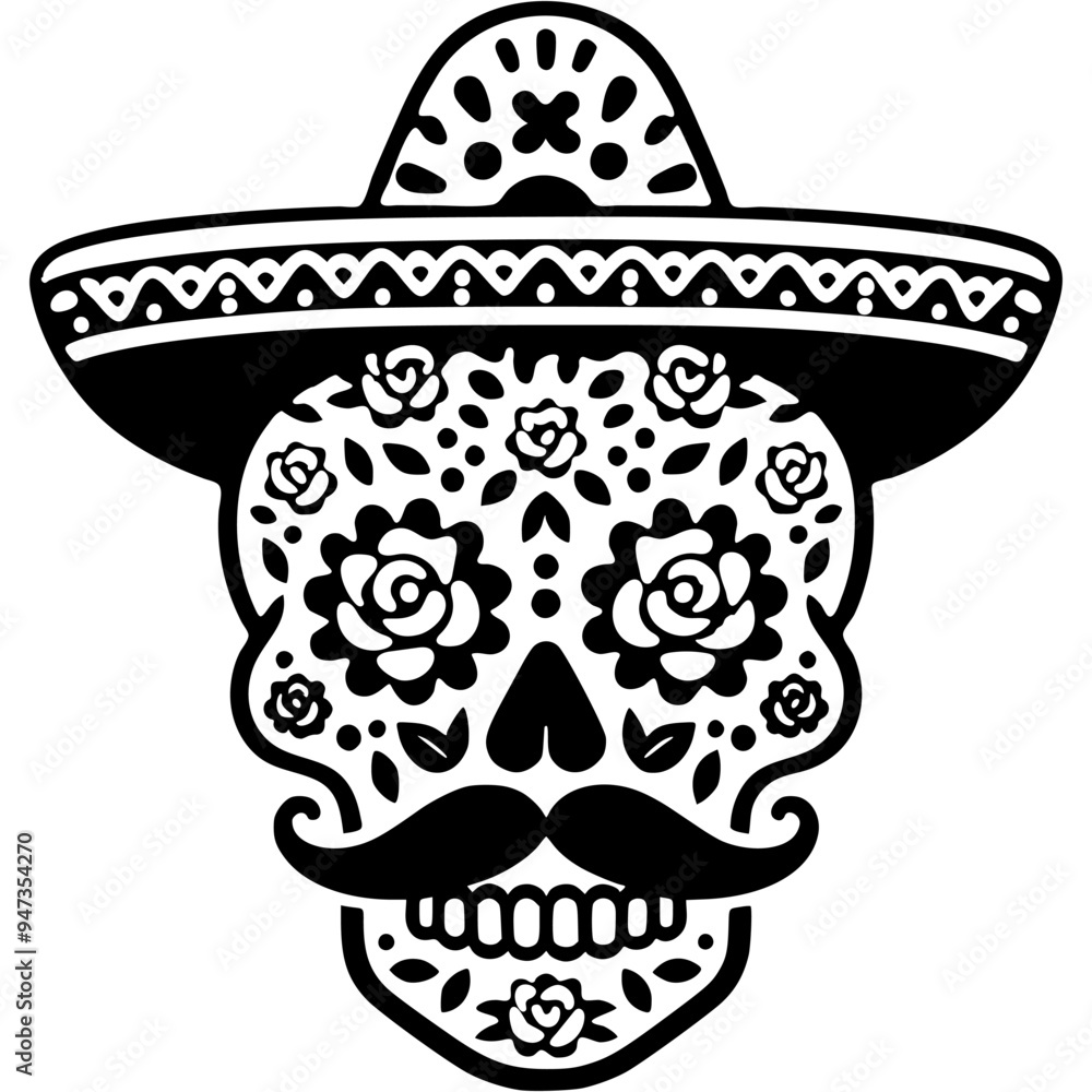 Skull with Mexican facial ornament and sombrero decorated with flowers ...