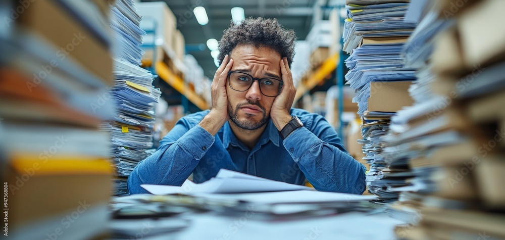 Overwhelmed A man trapped between towering stacks of papers his weary ...
