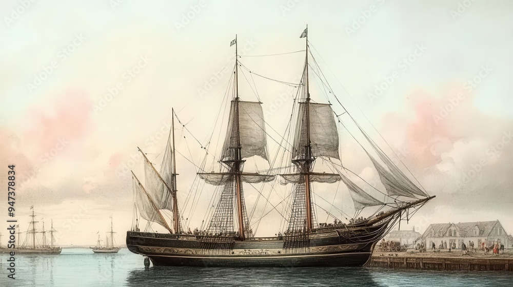 ภาพประกอบสต็อก An old engraving of a colonial-era ship docked at a ...