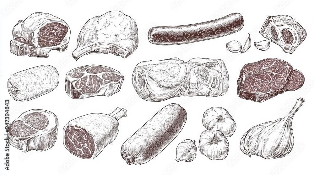 Pork sausage, veal beef and lamb steak sketches. Bacon, ham and jamon ...