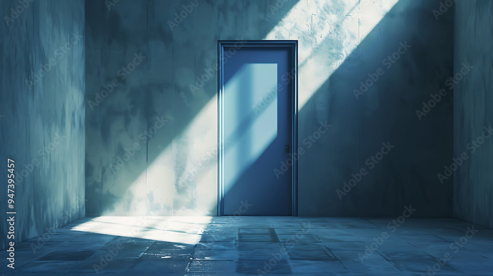 High-definition image of a digitally rendered blue door ajar, with ...