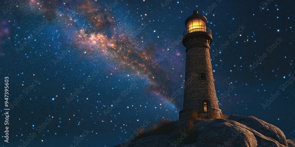 3D cartoon depiction of a lighthouse against a backdrop of the Milky Way and stars with some ...