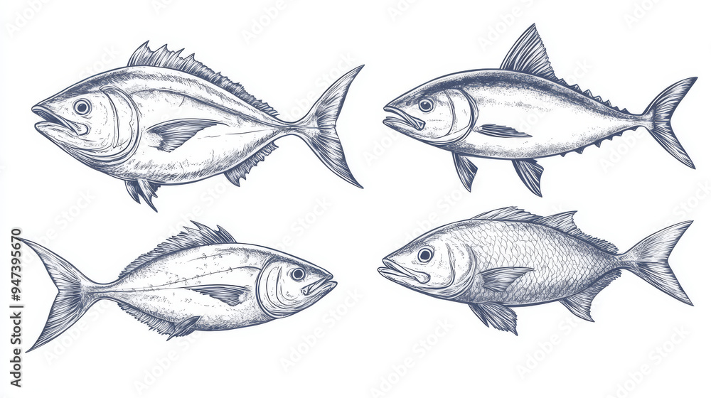 Sketch icons of various fish species, including tuna, perch, pike ...