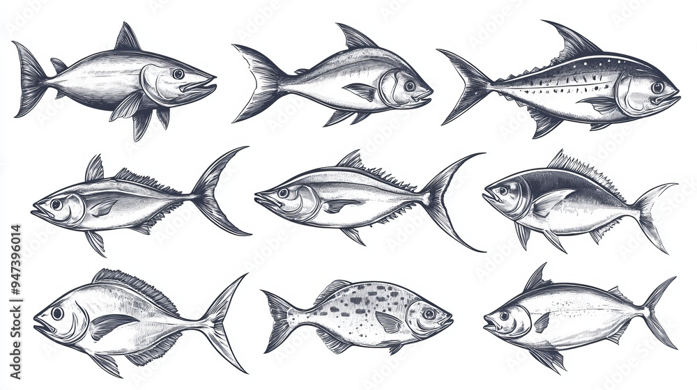 Sketch icons of various fish species, including tuna, perch, pike ...