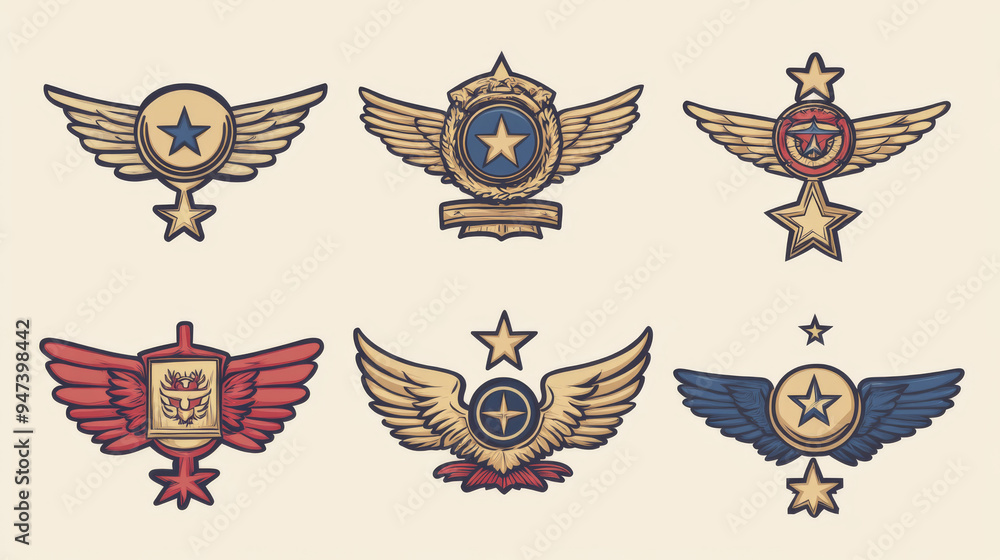 Army Air Forces badges and airborne unit insignia featuring winged chevrons, plane propellers ...