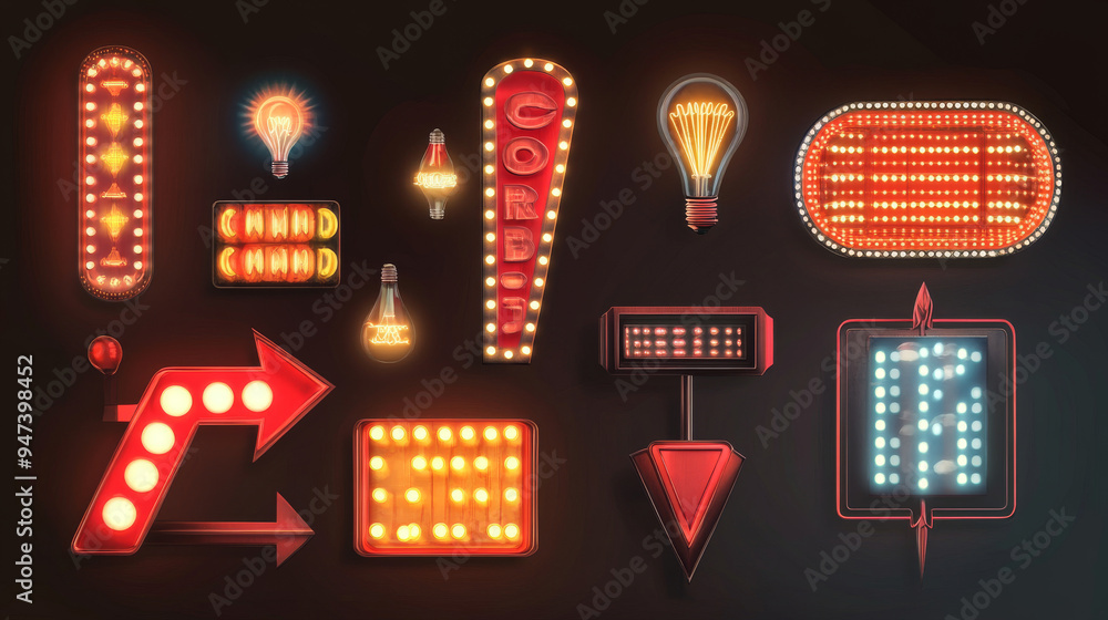 Vector illustrations of retro lightboxes, cinema signs, and billboard ...
