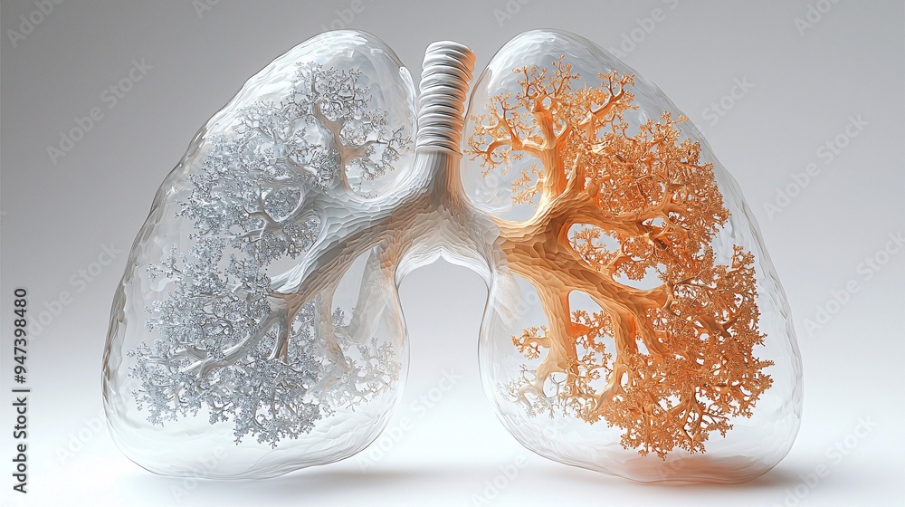 A highly realistic 3D model of lungs with a transparent cutaway view ...