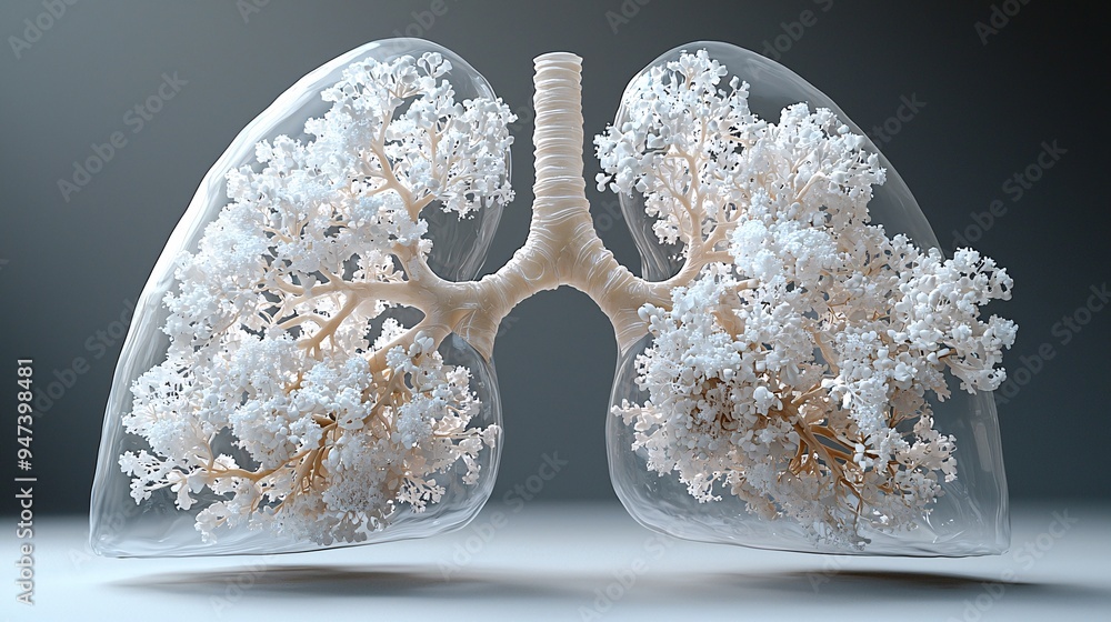 A highly realistic 3D model of lungs with a transparent cutaway view ...