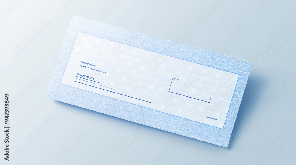 Blank bank check template with a blue guilloche pattern, presented as a ...