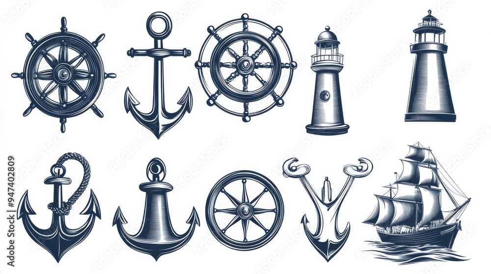 A collection of nautical or naval icons featuring classic maritime ...