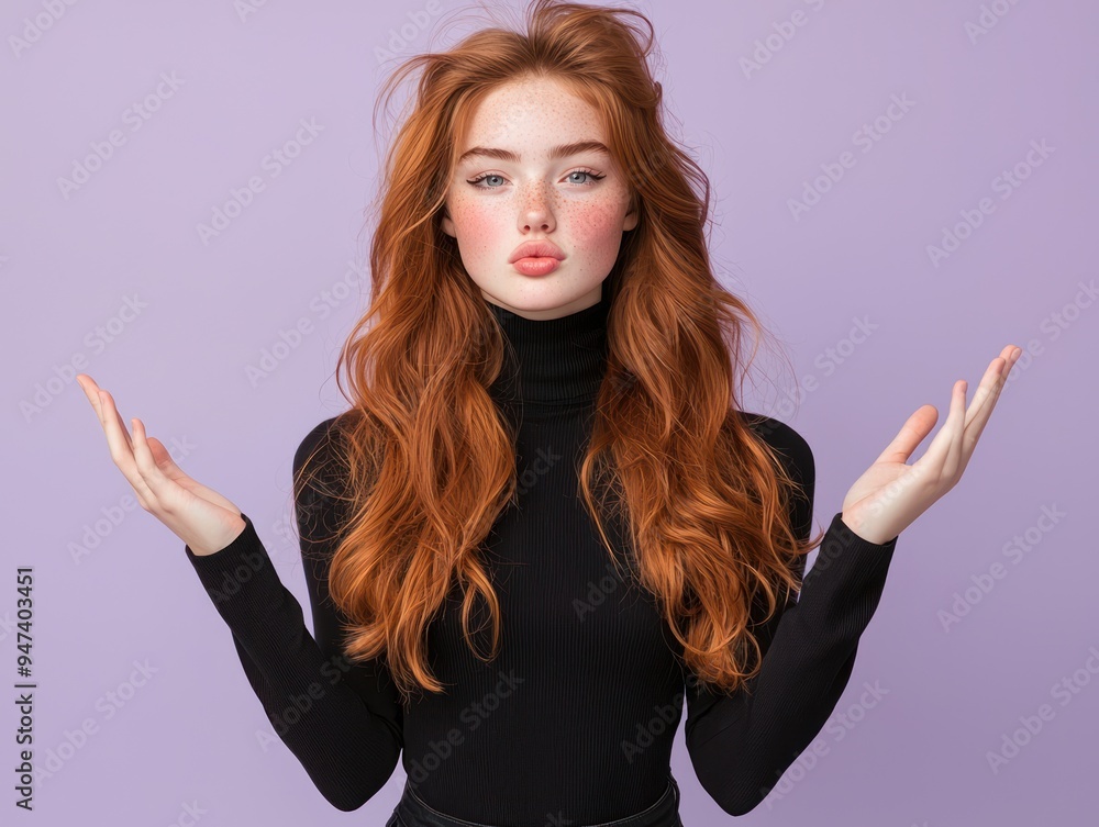 Confident Redhead Woman in Black Outfit Posing with Raised Eyebrows on ...
